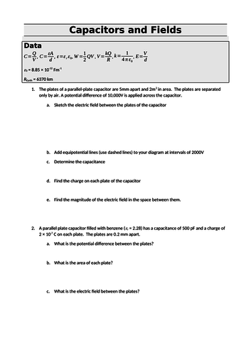 Capacitors and Electric Fields Worksheet (Yr13) | Teaching Resources