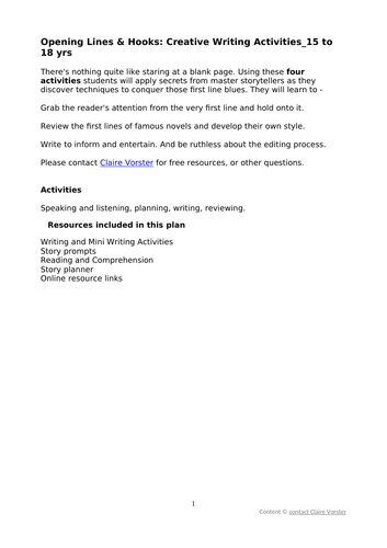 Opening Lines & Hooks: Creative Writing Activities_15 to 18 yrs ...