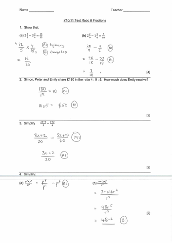 Igcse Ratio And Fractions Test Teaching Resources
