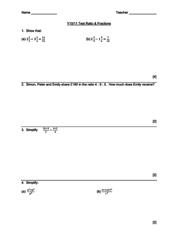 Igcse Ratio And Fractions Test Teaching Resources