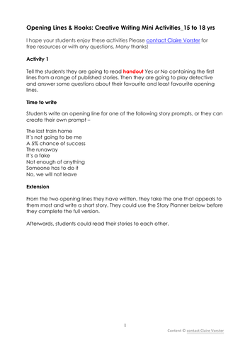Opening Lines & Hooks: Creative Writing Mini Activities_15 to 18 yrs ...
