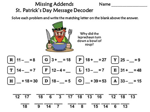 Missing Addends St. Patrick's Day Math Activity: Message Decoder ...