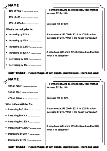 Exit Tickets for various maths topics | Teaching Resources