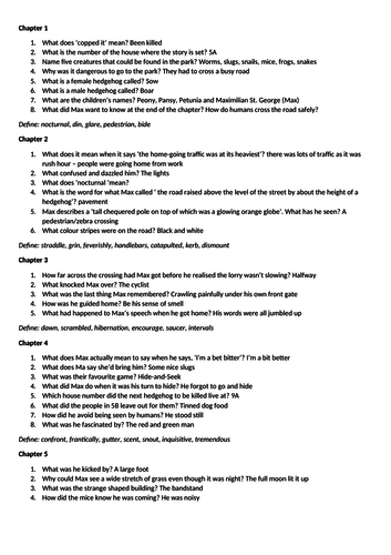 The Hodgeheg Dick king Smith comprehension by chapter | Teaching Resources