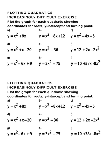 Plotting quadratic graphs - increasingly difficult questions | Teaching ...