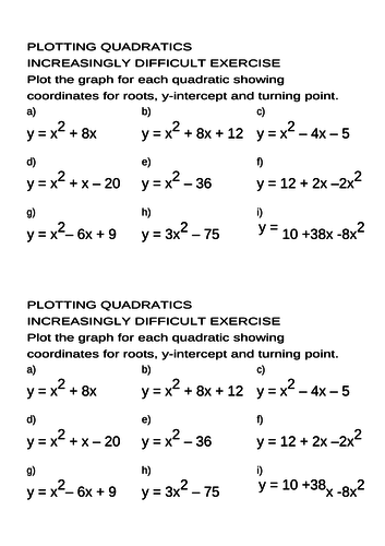 Plotting Quadratic Graphs Increasingly Difficult Questions Teaching