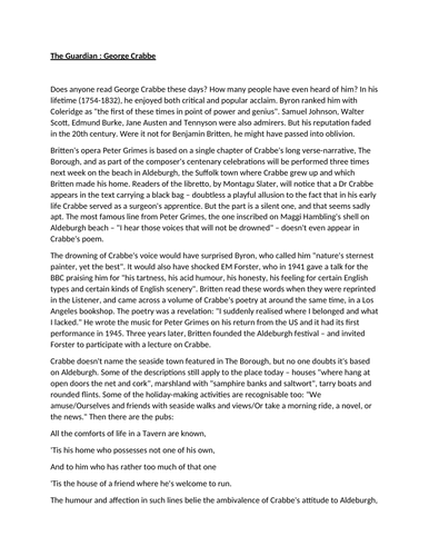 Crabbe's Peter Grimes AQA A Level Literature | Teaching Resources