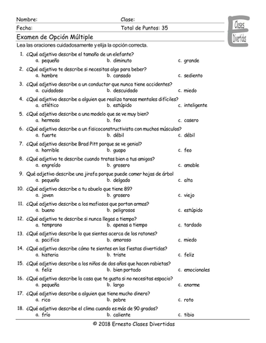 Adjectives Spanish Multiple Choice Exam | Teaching Resources