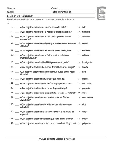 Adjectives Spanish Matching Exam | Teaching Resources