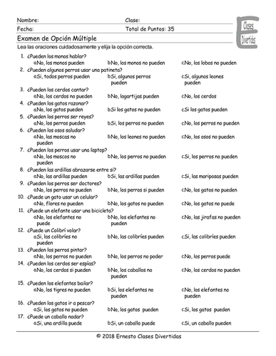 Ability Modal Verbs Spanish Multiple Choice Exam | Teaching Resources