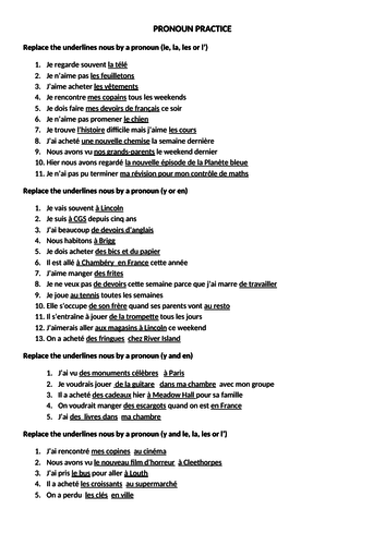 Pronoun practice in French | Teaching Resources