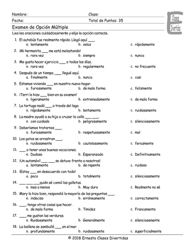 Adverbs Spanish Multiple Choice Exam | Teaching Resources