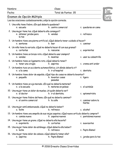 Advice Modals Spanish Multiple Choice Exam | Teaching Resources