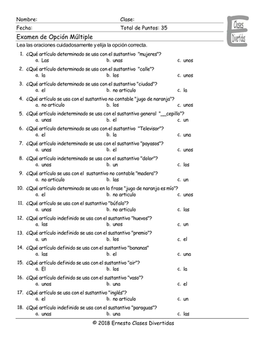 Articles Spanish Multiple Choice Exam | Teaching Resources