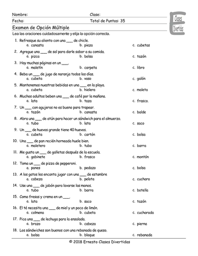 Container Words Spanish Multiple Choice Exam | Teaching Resources