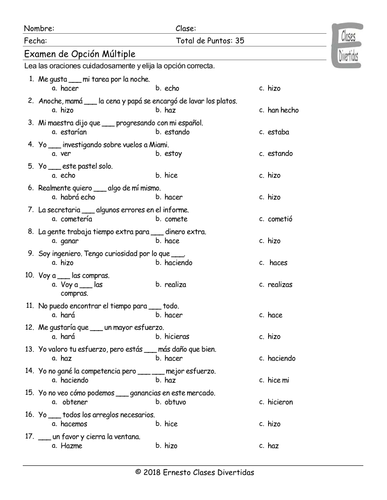 Do versus Make or Hacer Spanish Multiple Choice Exam | Teaching Resources