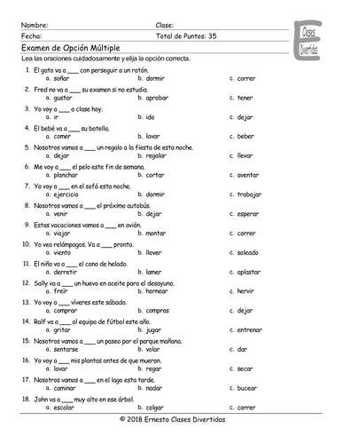 Future Simple Tense with Going To Spanish Multiple Choice Exam ...