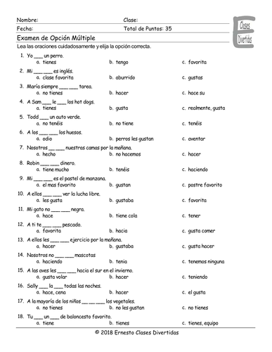 Have, Do, Like and Favorites Spanish Multiple Choice Exam | Teaching ...