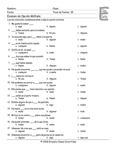 Indefinite Pronouns Spanish Multiple Choice Exam | Teaching Resources