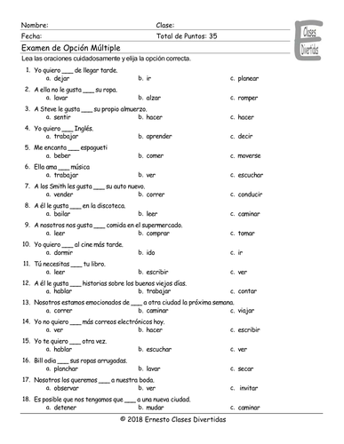 Infinitives Spanish Multiple Choice Exam | Teaching Resources