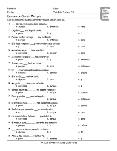 Linking Words and Connectors Spanish Multiple Choice Exam | Teaching ...
