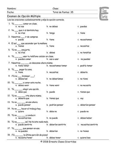 Modals of Obligation, Necessity and Prohibition Spanish Multiple Choice ...