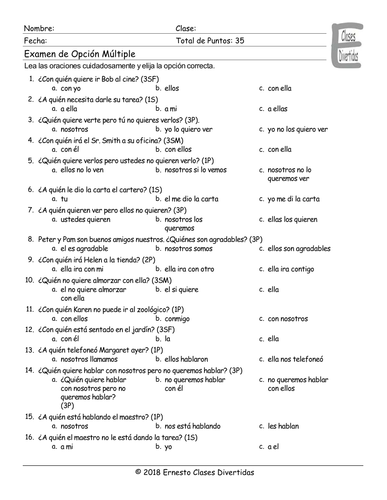 Object Pronouns Spanish Multiple Choice Exam | Teaching Resources