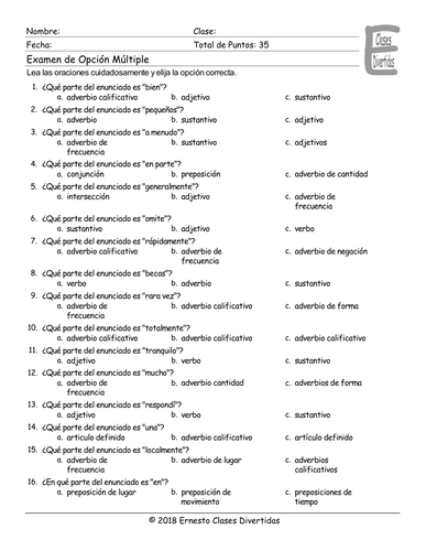 Parts of Speech Spanish Multiple Choice Exam | Teaching Resources