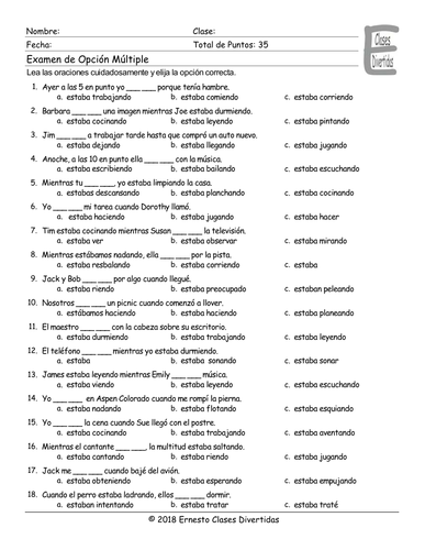 Past Continuous Tense Spanish Multiple Choice Exam | Teaching Resources