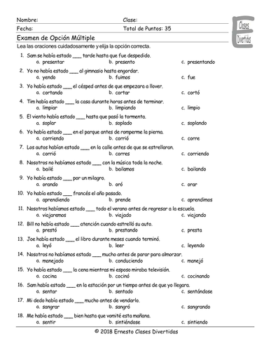 Past Perfect Continuous Tense Spanish Multiple Choice Exam | Teaching ...