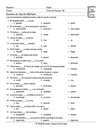 Past Perfect Tense Spanish Multiple Choice Exam | Teaching Resources