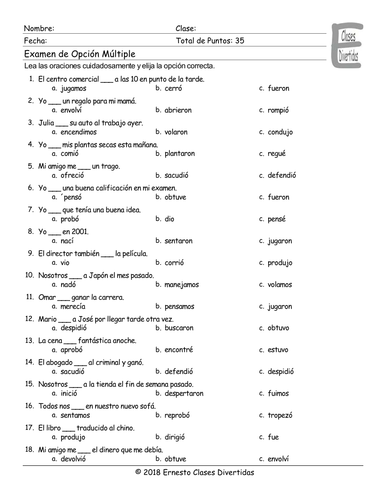 Past Simple Tense with Irregular Verbs Spanish Multiple Choice Exam ...