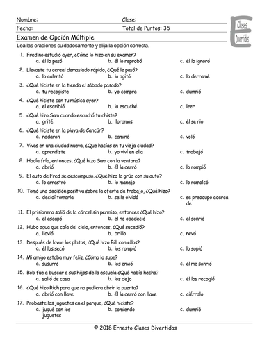 Past Simple with Regular Verbs Spanish Multiple Choice Exam | Teaching ...