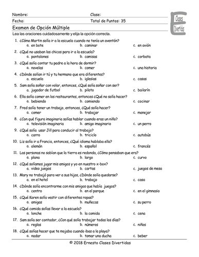 Past Simple with Used To Spanish Multiple Choice Exam | Teaching Resources