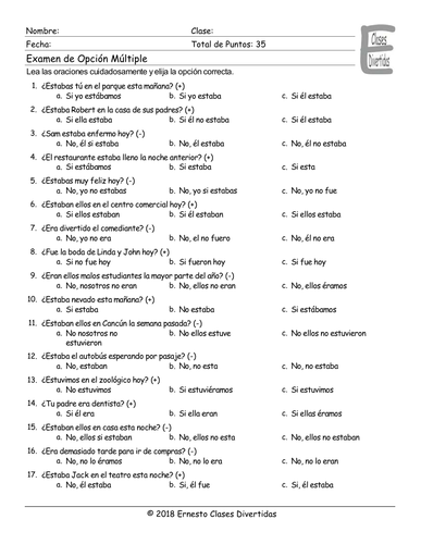 Past Simple with Verb Estar and Ser Spanish Multiple Choice Exam ...