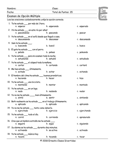 Present Perfect Continuous Tense Spanish Multiple Choice Exam ...
