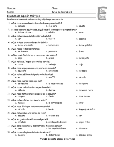 Present Simple Tense Spanish Multiple Choice Exam | Teaching Resources