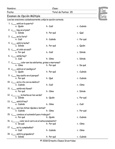 Present Simple Tense Question Words Spanish Multiple Choice Exam ...