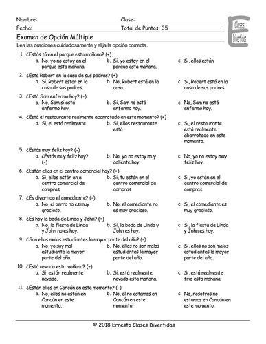 Present Simple with Verb Be Spanish Multiple Choice Exam | Teaching ...
