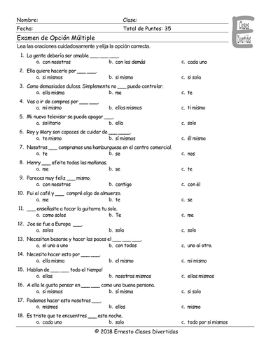 Reflexive and Reciprocal Pronouns Spanish Multiple Choice Exam ...