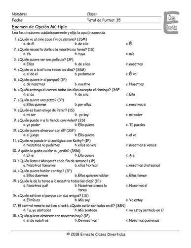 Subject Pronouns Spanish Multiple Choice Exam | Teaching Resources
