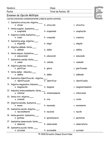 Word Forms Spanish Multiple Choice Exam | Teaching Resources