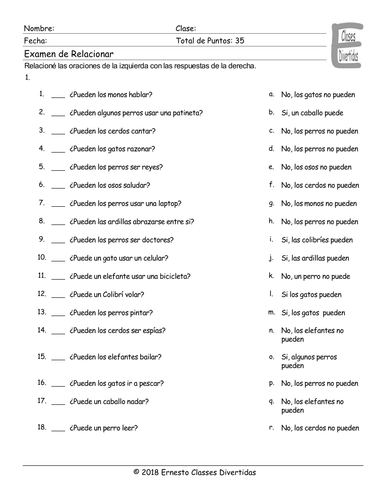 Ability Modal Verbs Spanish Matching Exam | Teaching Resources