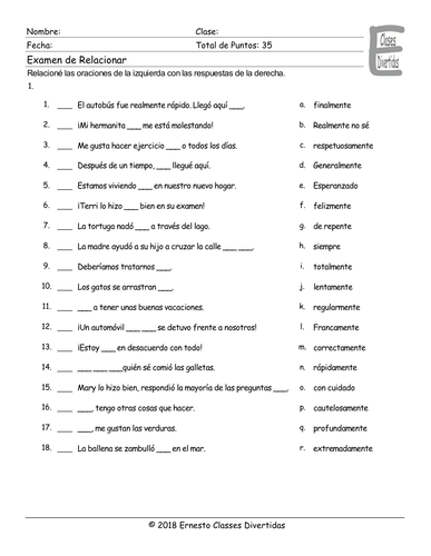 Adverbs Spanish Matching Exam | Teaching Resources