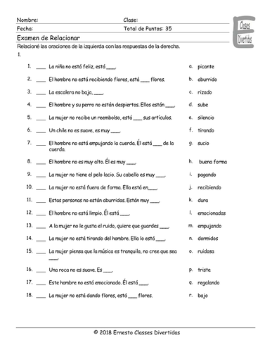 Antonyms and Opposite Actions Spanish Matching Exam | Teaching Resources