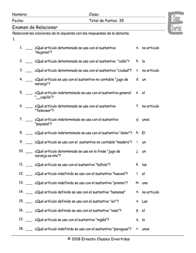 Articles Spanish Matching Exam | Teaching Resources