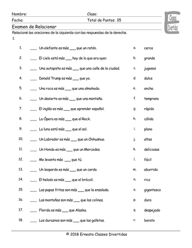 Comparative Adjectives Spanish Matching Exam | Teaching Resources