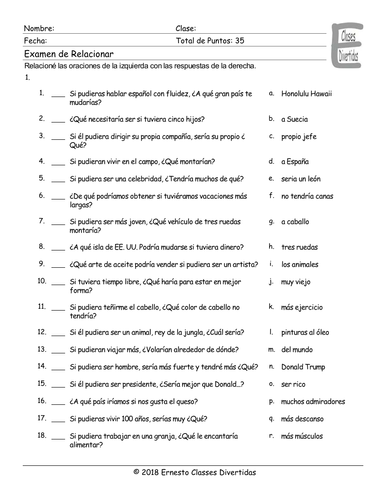 Conditional Sentences Type 2 Spanish Matching Exam | Teaching Resources