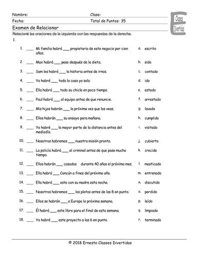 Future Perfect Tense Spanish Matching Exam | Teaching Resources