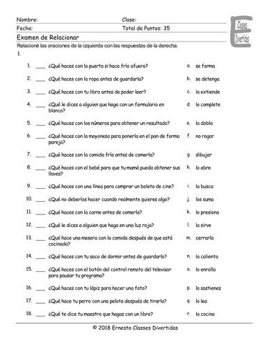 Imperative Verbs Spanish Matching Exam | Teaching Resources